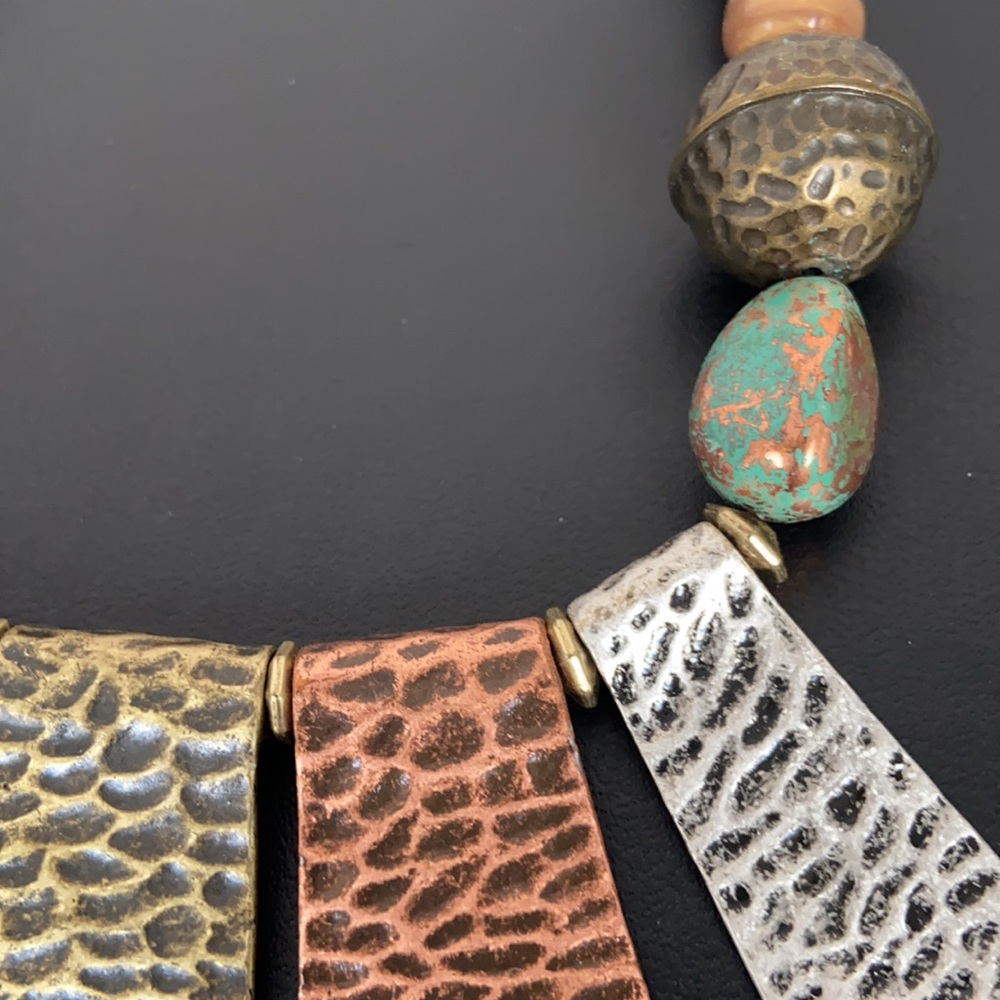 Vintage Modernist Bronze Copper Silver Necklace - Gem